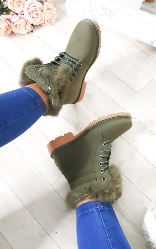Green Josie Faux Fur Lace Up Boots | ikrush