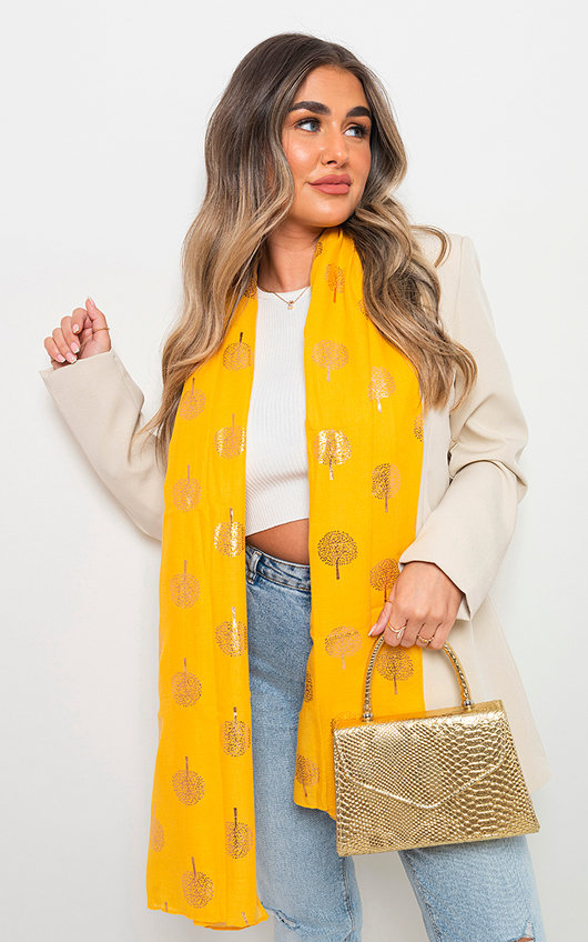 Mustard Alexandra Sparkle Tree Print Wrap Scarf | ikrush
