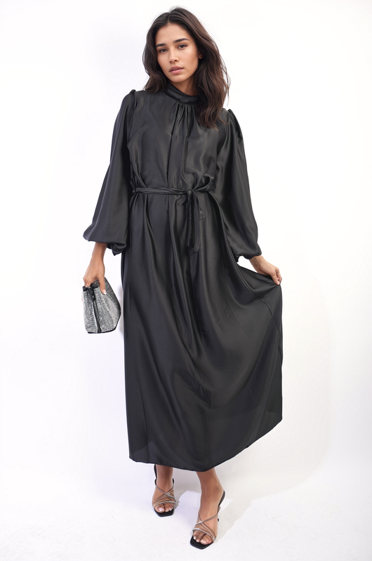 Black Astrid Long Sleeve High Neck Belted Maxi Dress | ikrush