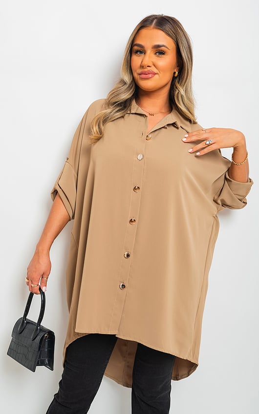 Mocha Beatrice Oversized Button Down Top | ikrush