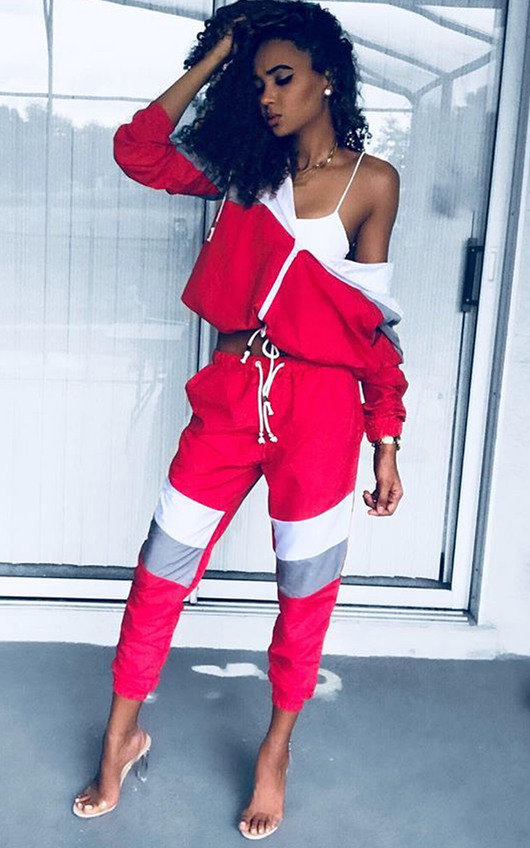 Red Beth Slim Fit Stripe Panel Tracksuit | ikrush