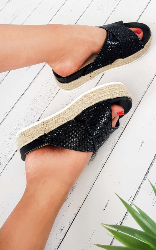 Black Cassie Crossover Flatform Sliders | ikrush