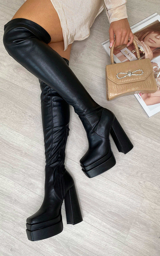 Black Celeste Block Heel Knee High Boots | ikrush