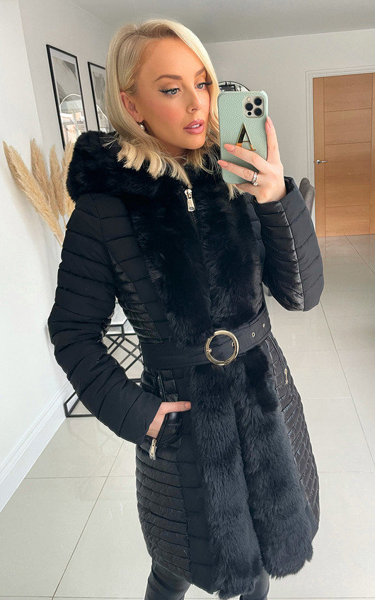Black Charlotte Faur Fur Puffer Coat with Belt Detail | ikrush
