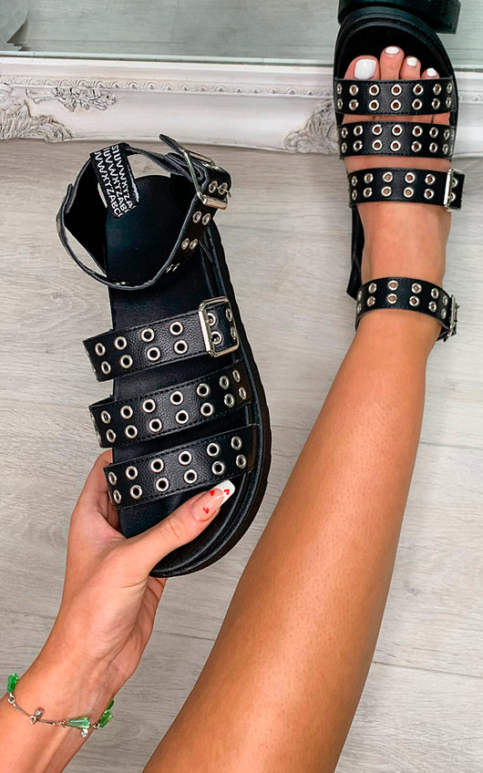 Black Dana Chunky Platform Eyelet Sandals | ikrush