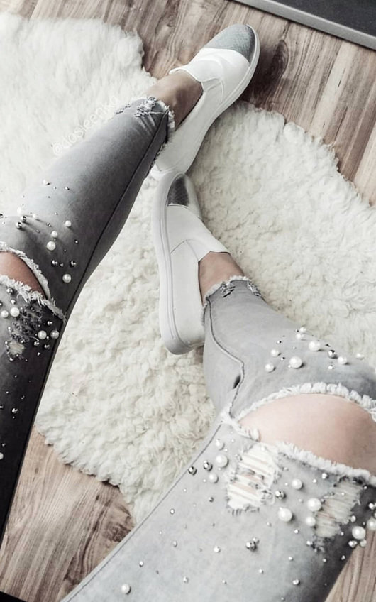 Grey Daria Embellished Frayed Hemline Jeans | ikrush