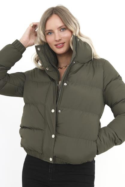 Khaki Eliza Faux Leather Button-Down Padded Jacket | ikrush