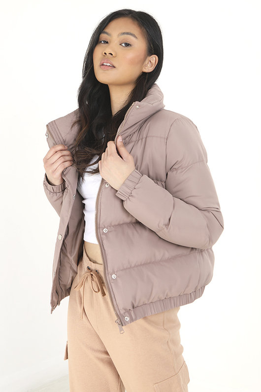 Taupe Eliza Faux Leather Button-Down Padded Jacket | ikrush