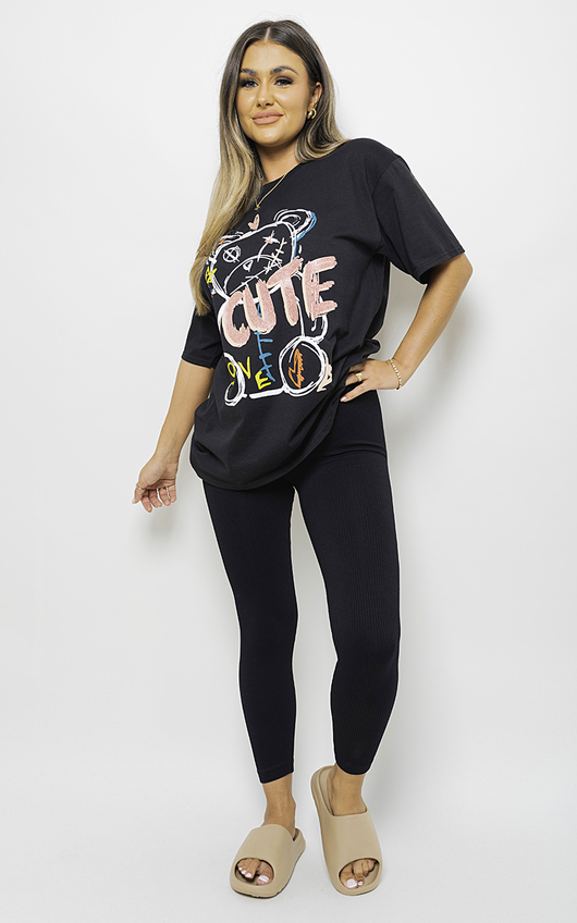 Black Elsie Cute Teddy Graphic Glitter Detail T-Shirt | ikrush