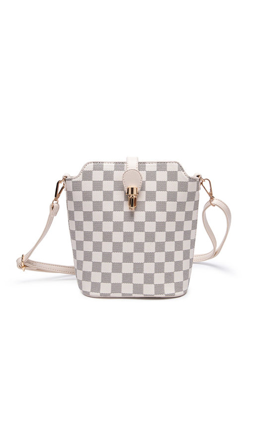 White Evy Faux Leather Crossbody Bag with Check Print and Adjustable ...