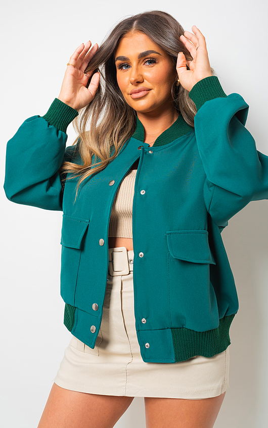 Green Joanna Long Sleeve Buttons Closure Bomber Jacket | ikrush