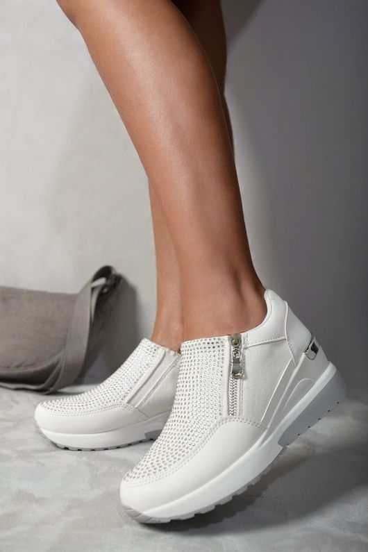 White Judith Rhinestone Decor Zip Platform Trainers | ikrush