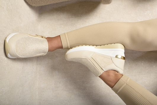 Beige Judith Rhinestone Decor Zip Platform Trainers | ikrush