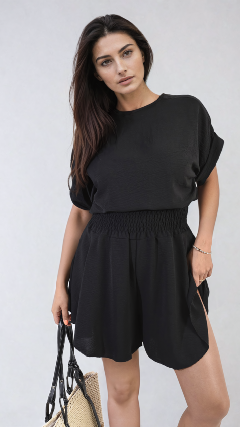 Black Julie Roll Sleeve Top and Elastic Shirred Waistband and Shorts Co ...