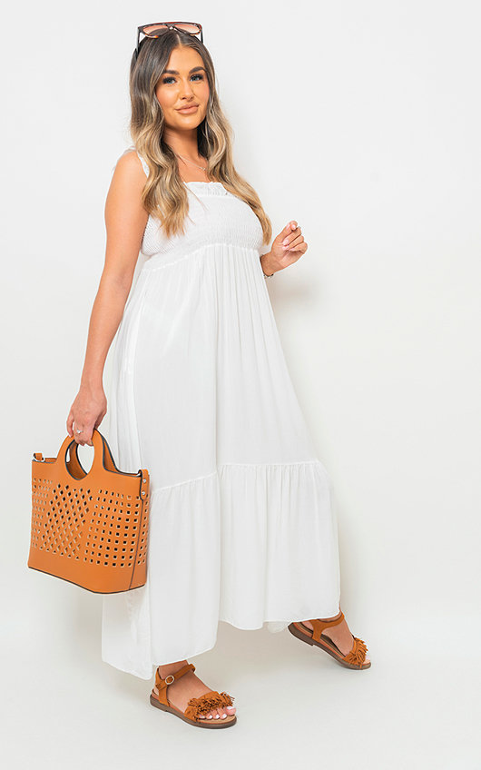 White Leah Wide Ruffle Strap Smocked Midi Dress | ikrush