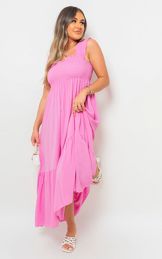 Baby pink Leah Wide Ruffle Strap Smocked Midi Dress | ikrush