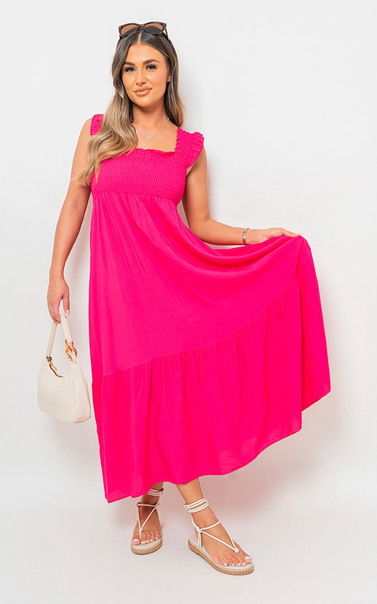 Fuschia Leah Wide Ruffle Strap Smocked Midi Dress | ikrush