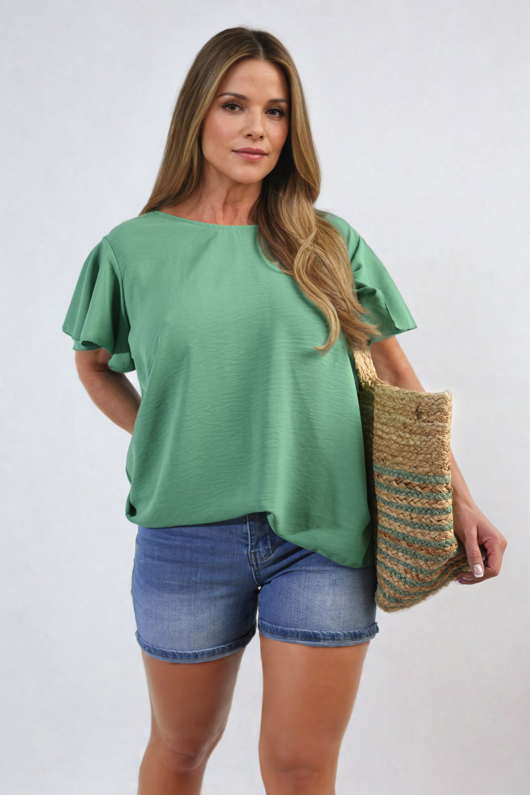 Green Leilani Ruffle Short Sleeve Top | ikrush