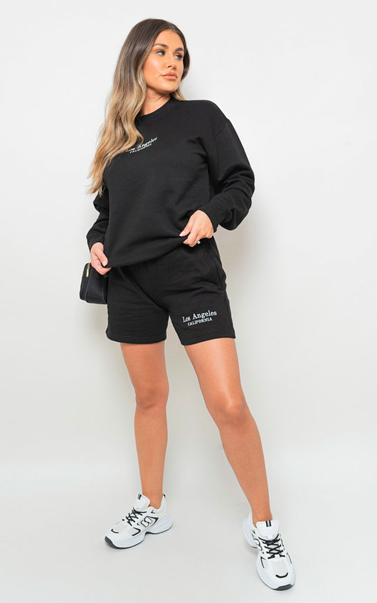 Black Lexi Los Angeles California Printed Sweatshirt & Shorts Co-ord ...