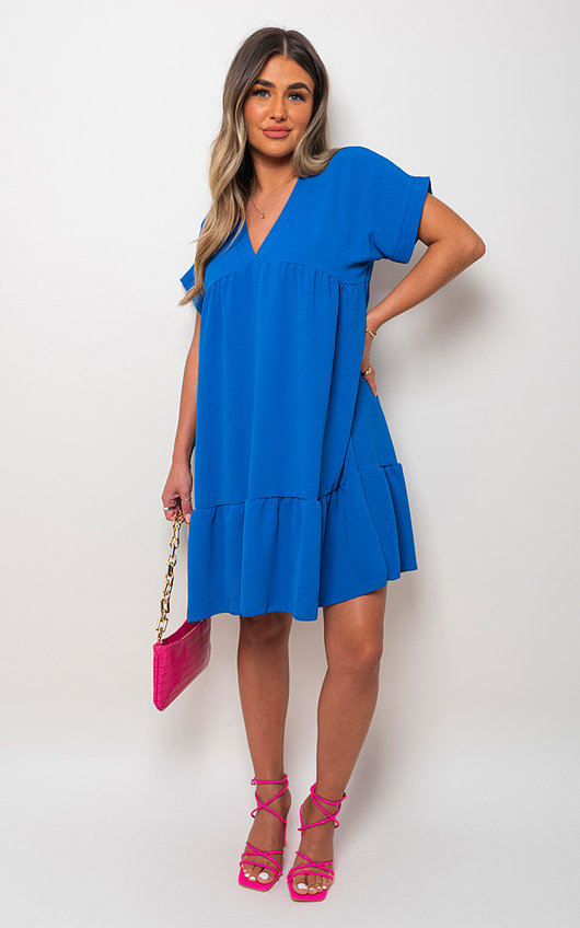 Gabriela V Neck Tiered Smock Dress in Blue | ikrush Gabriela V Neck Tiered Smock Dress in Blue | ikrush