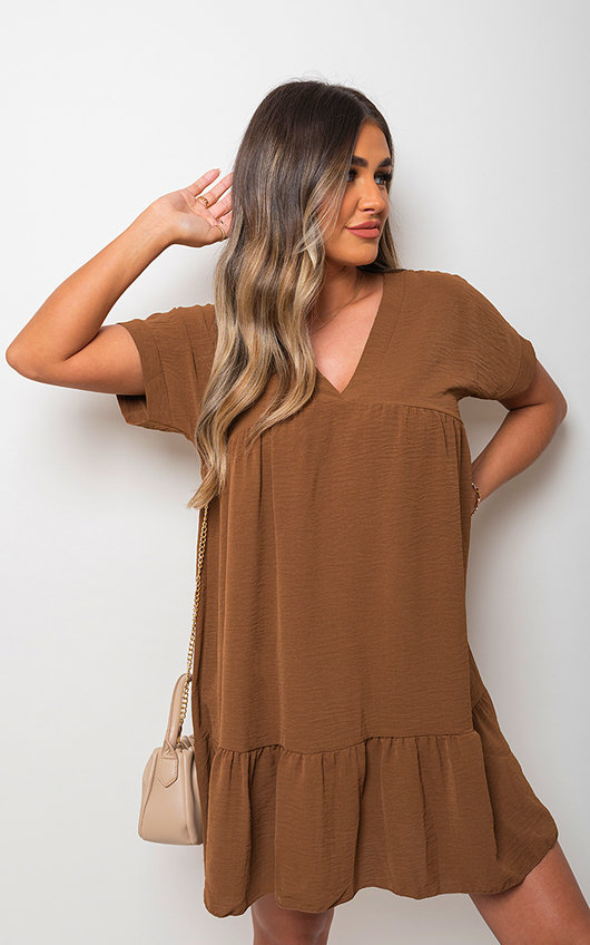 Gabriela V Neck Tiered Smock Dress in Brown | ikrush Gabriela V Neck Tiered Smock Dress in Brown | ikrush