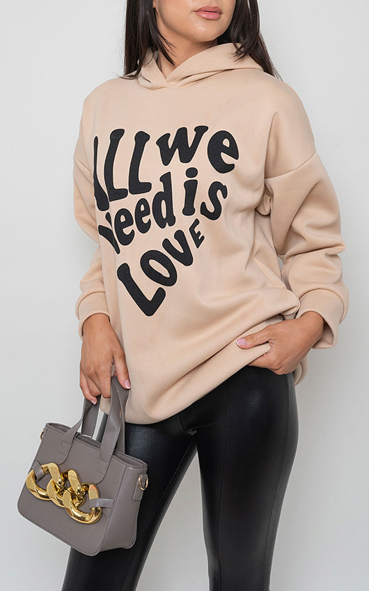 Megan Oversized All We Need Is Love Slogan Hoodie in Stone | ikrush