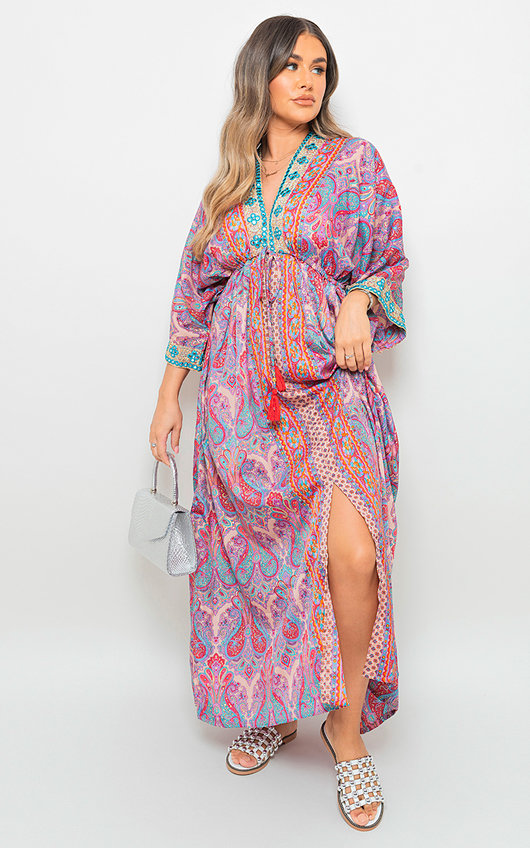 Miara V Neck Embellished Sleeve Neckline Printed Maxi Dress With Split