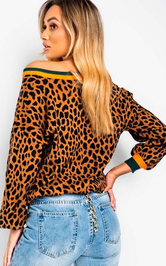 Brown Mildred Knitted Leopard Print Jumper | ikrush