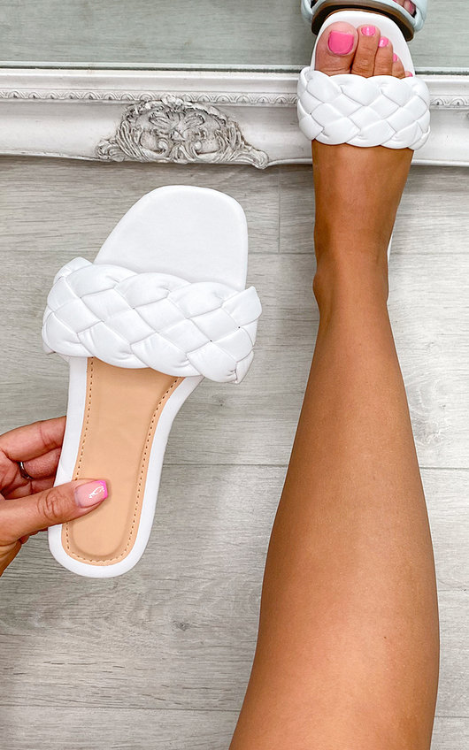 White Mira Faux Leather Round Toe Braided Sandals | ikrush