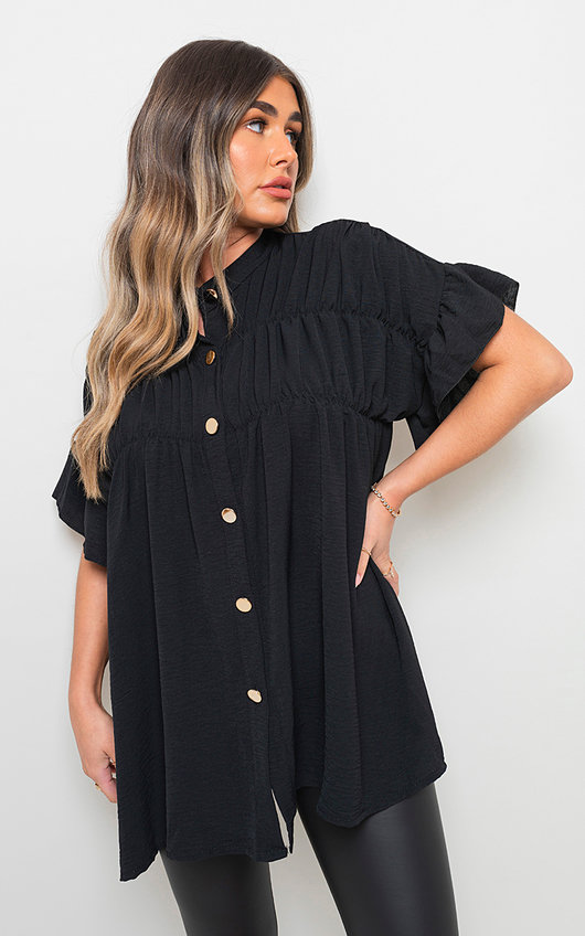 Black Rebecca Button Down Pleated Frill Tops | ikrush