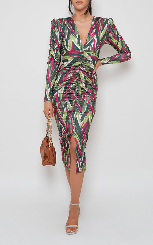 Green Sierra Printed Ruched Front Midi Dress | ikrush
