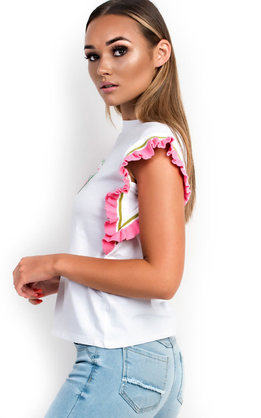 White Susie Frill Heart Embellished T-Shirt | ikrush