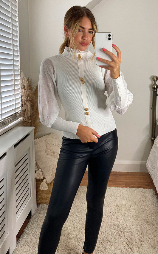 White Tina High Neck Double Button Down Jumper | ikrush