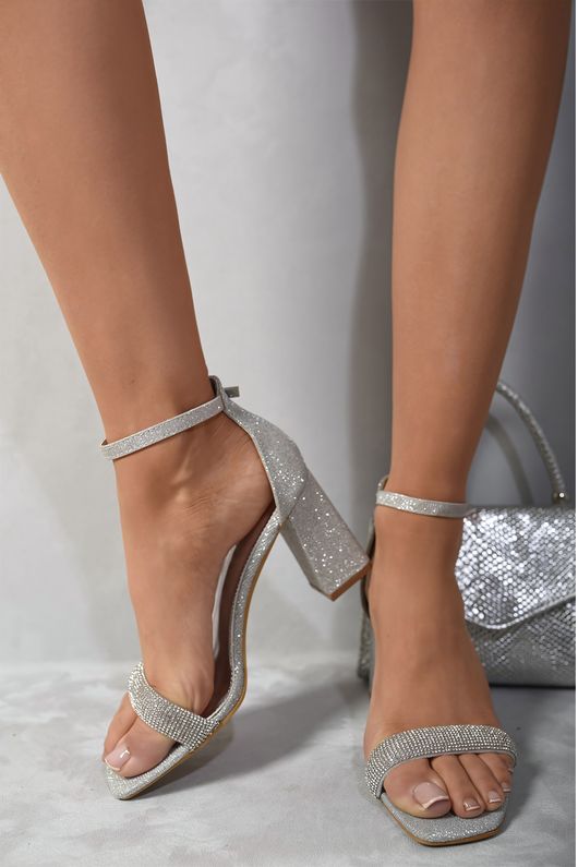 Silver Vivian Rhinestone Ankle Strap Block High Heels | ikrush