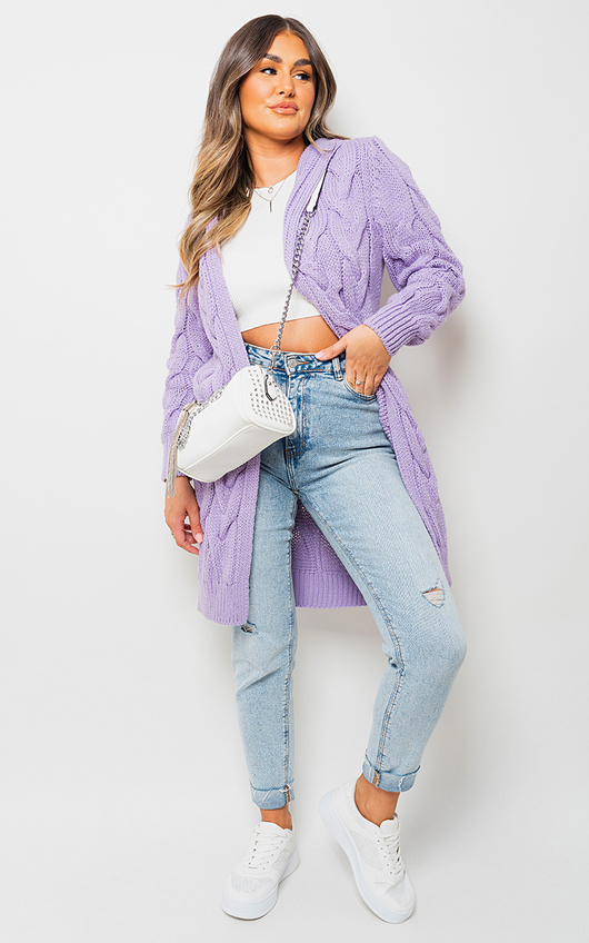 Lilac Zoe Chunky Cable Knitted Oversized Longline Hooded Cardigan | ikrush